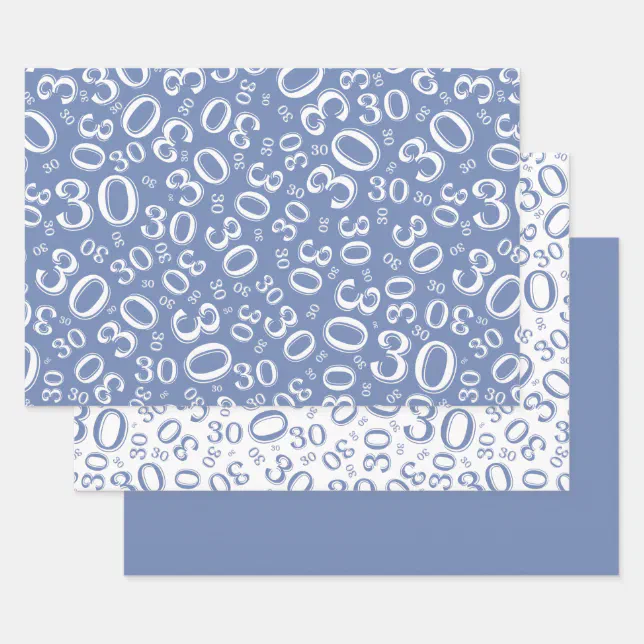 30th Birthday Blue & White Number Pattern 30 Wrapping Paper Sheets | Zazzle