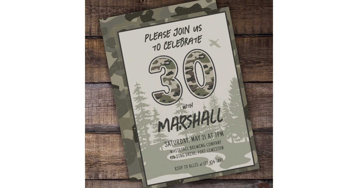 30th Birthday Camouflage Woodland Forest for Him Invitation | Zazzle