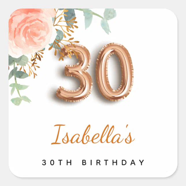 30th birthday floral rose gold eucalyptus monogram square sticker | Zazzle