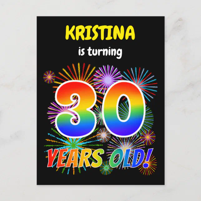 30th Birthday - Fun Fireworks, Rainbow Look "30" Postcard | Zazzle