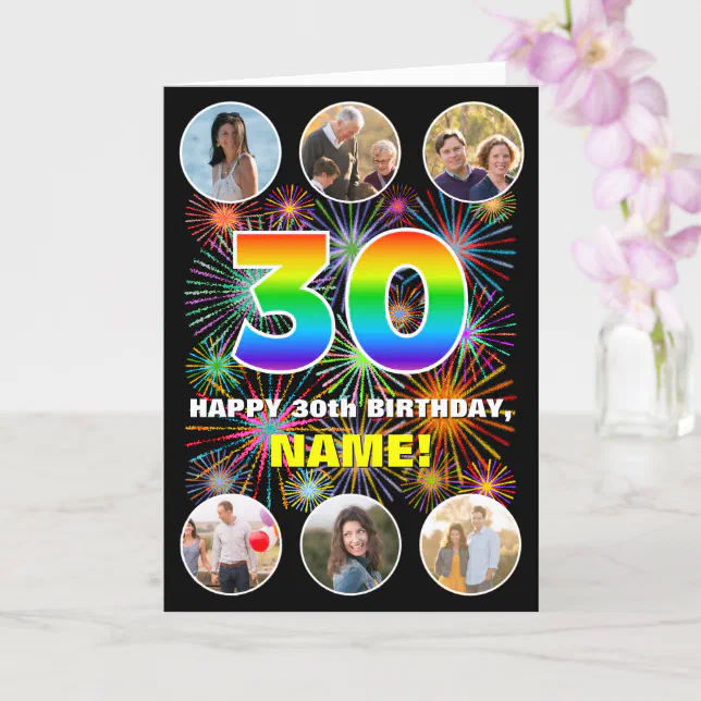 30th Birthday: Fun Rainbow #, Custom Name & Photos Card | Zazzle