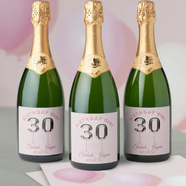 30th Birthday Girl Blush Pink Silver 30 Balloon Sparkling Wine Label ...