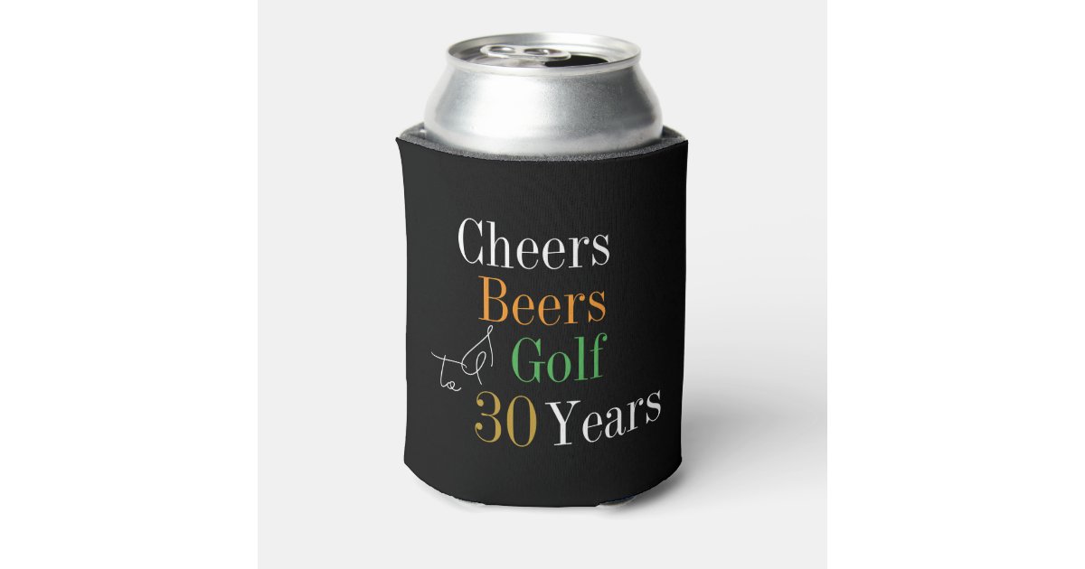 30th Birthday Golf Cheers Beers Party Black Gold Can Cooler | Zazzle