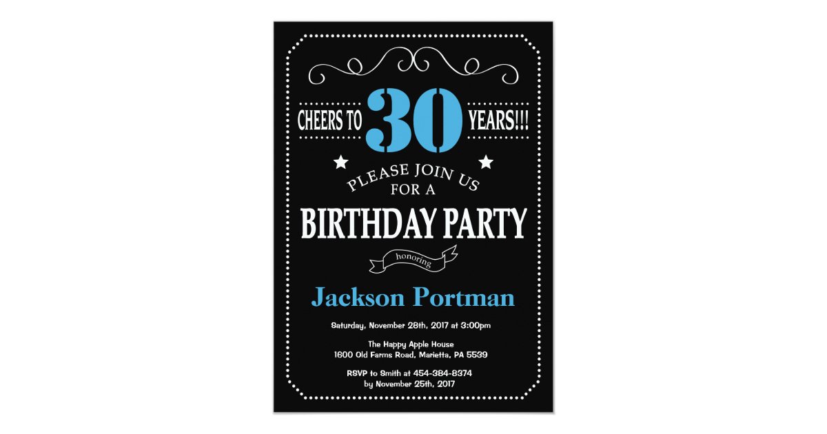 30th Birthday Invitation Blue and Black Chalkboard | Zazzle.com