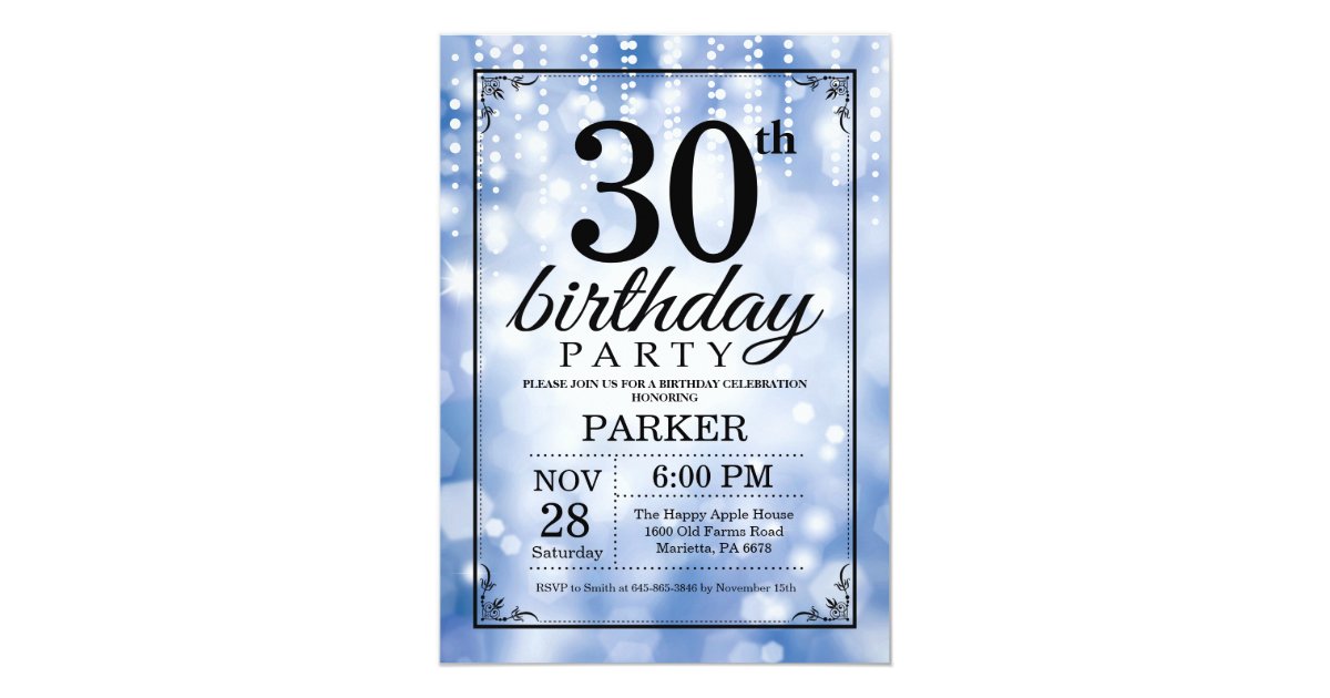 30th Birthday Invitation Blue Glitter | Zazzle.com