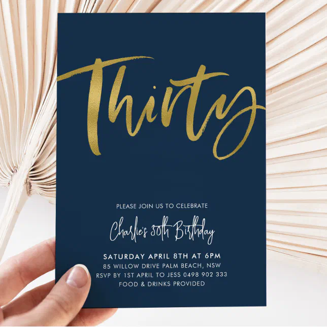 30th Birthday Invitation Mens Navy Gold Thirty | Zazzle