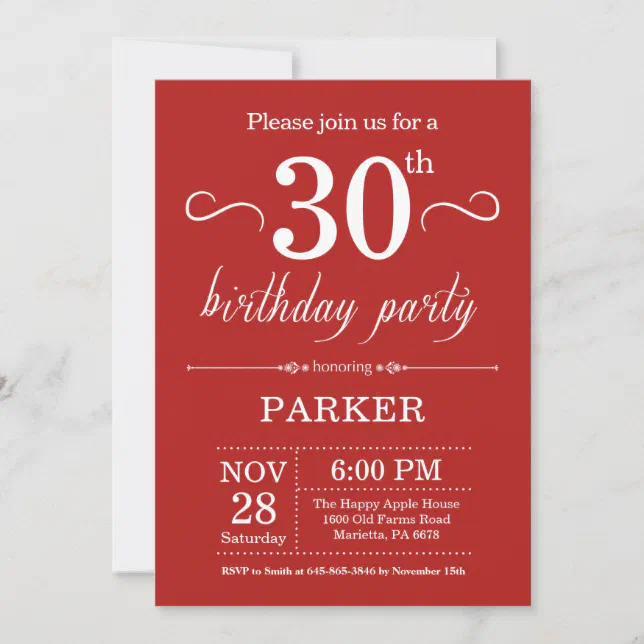 30th Birthday Invitation Red | Zazzle