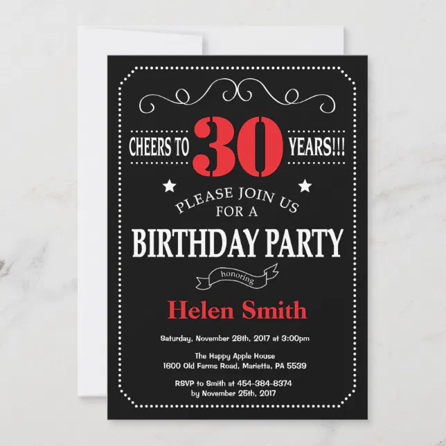 30th Birthday Invitation Red and Black Chalkboard | Zazzle