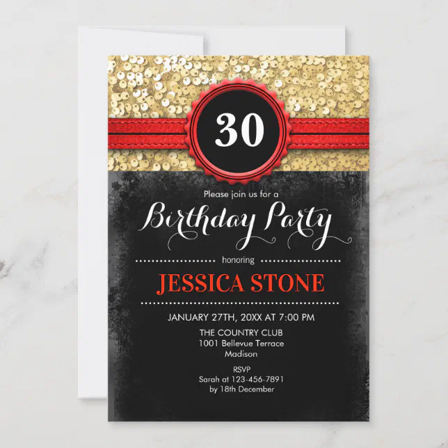 30th Birthday Invitation - Red Black Gold | Zazzle