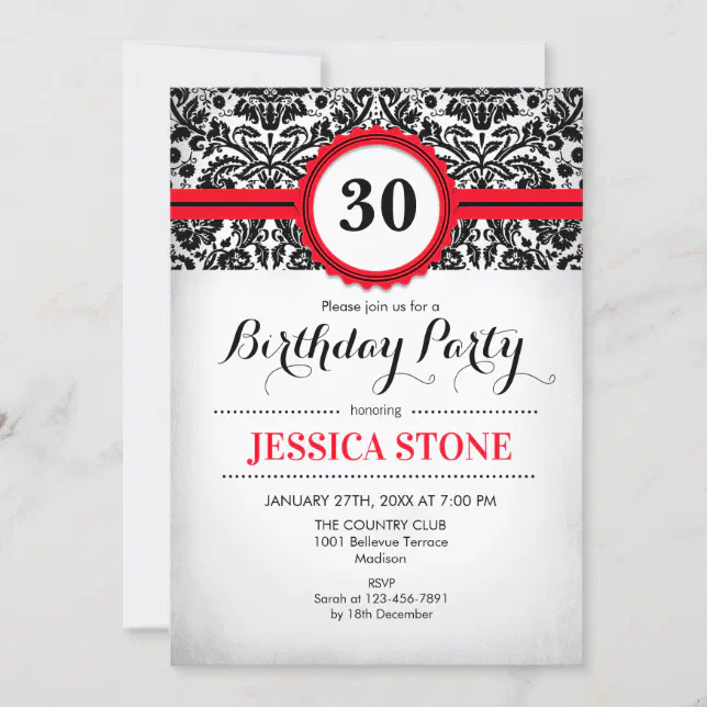 30th Birthday Invitation Red Black White Damask | Zazzle