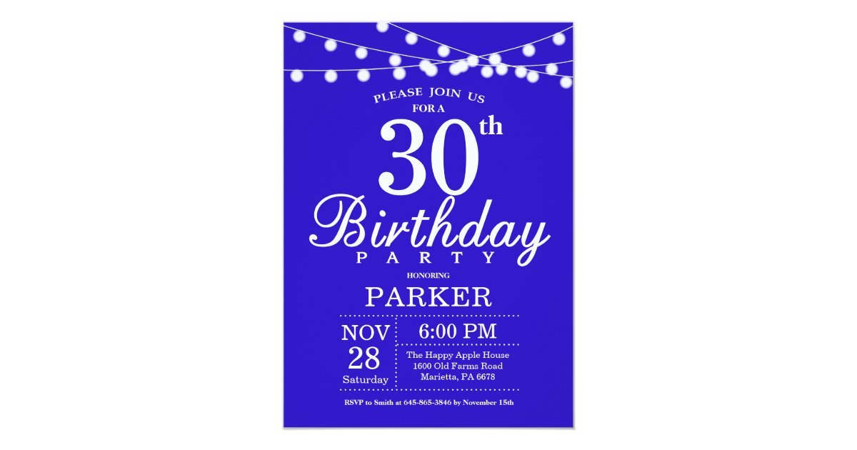 30th Birthday Invitation Royal Blue | Zazzle.com