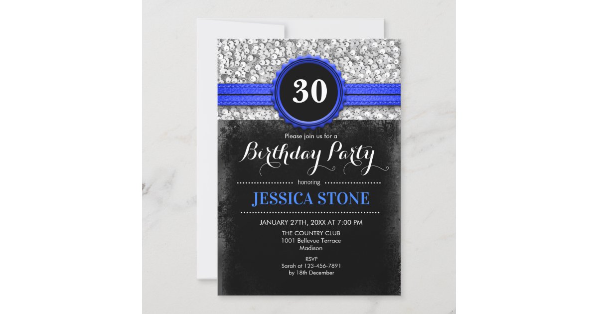 30th Birthday Invitation - Royal Blue Black Silver | Zazzle