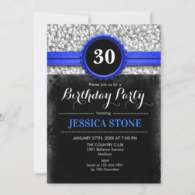 30th Birthday Invitation - Royal Blue Black Silver | Zazzle