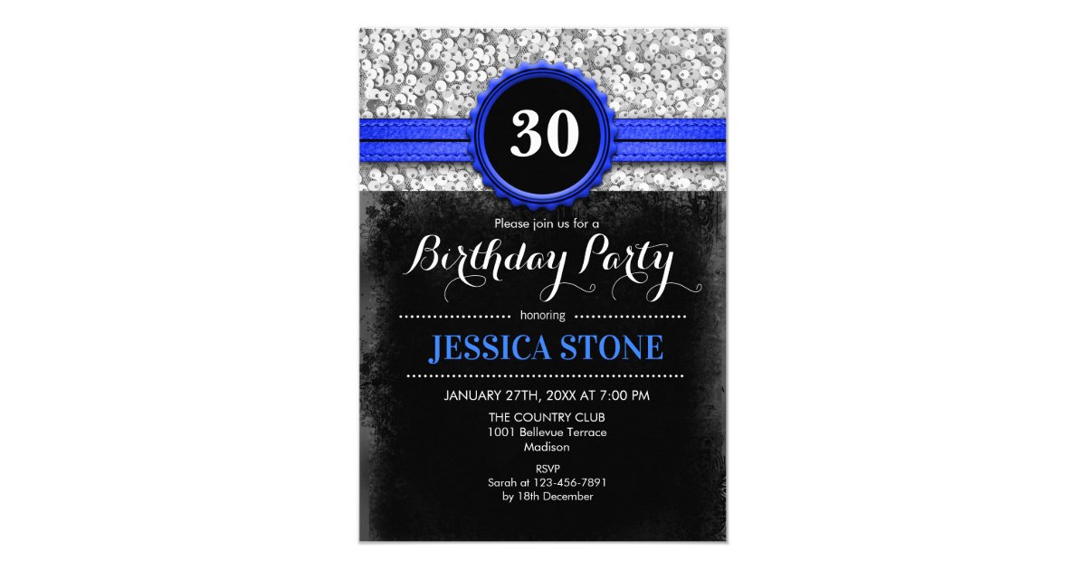 30th Birthday Invitation - Royal Blue Black Silver | Zazzle.com