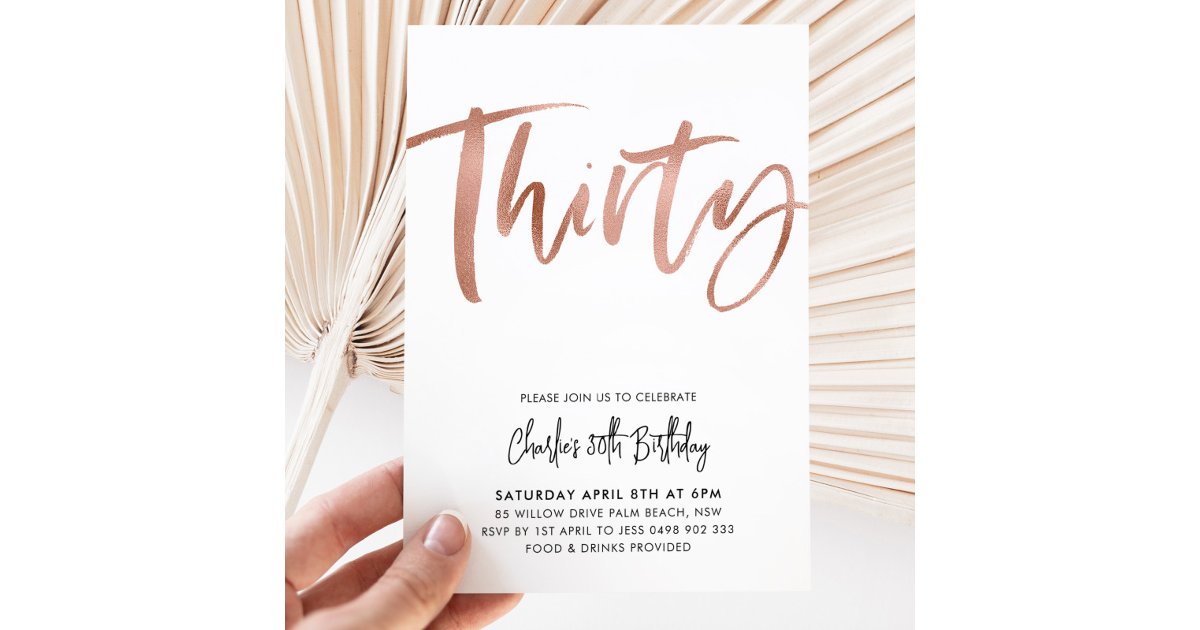 30th Birthday Invitation White Rose Gold Thirty | Zazzle