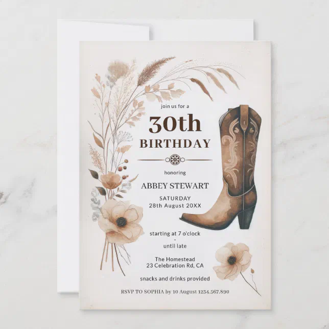 30th Birthday Invitations Rustic Cowgirl Floral | Zazzle