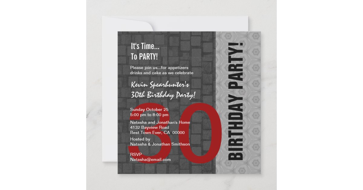30th Birthday Modern Red Silver Black D418 Invitation | Zazzle