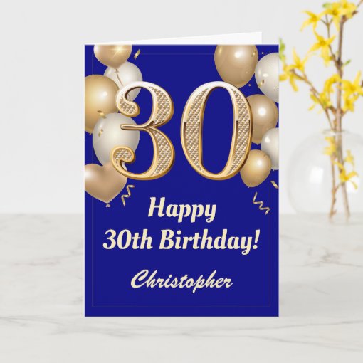 30th Birthday Navy Blue and Gold Balloons Confetti Card | Zazzle
