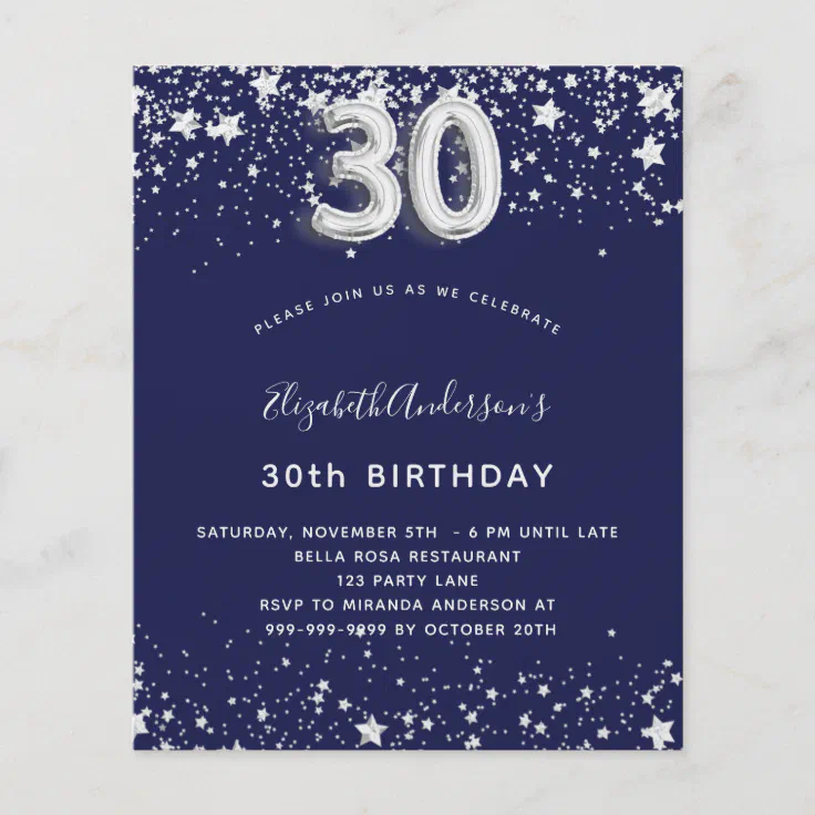 30th birthday navy blue silver budget invitation flyer | Zazzle
