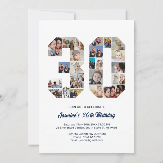 30th Birthday Number 30 Custom Photo Collage Invitation | Zazzle