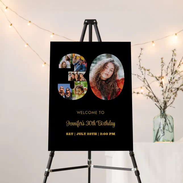 30th Birthday Number 30 Photo Collage Modern Black Foam Board | Zazzle