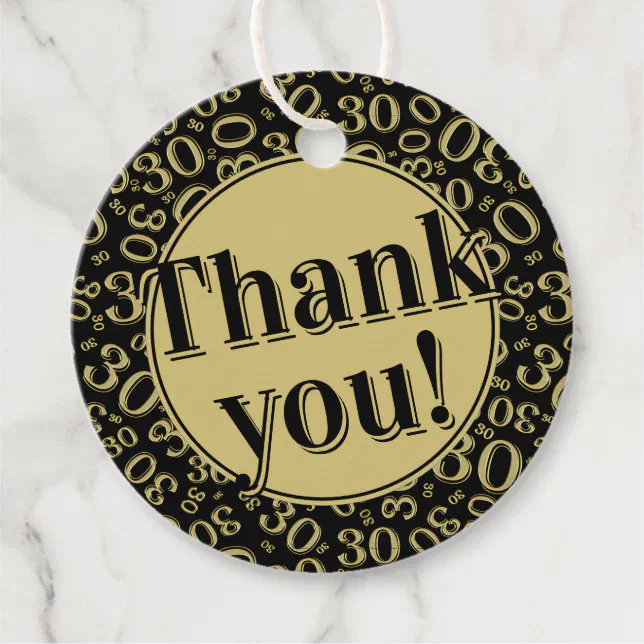 30th Birthday Number Pattern 30 Gold and Black Favor Tags | Zazzle