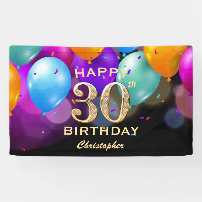 30th Birthday Party Black and Gold Balloons Banner | Zazzle