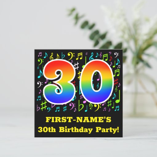 30th Birthday Party: Fun Music Symbols, Rainbow 30 Invitation | Zazzle