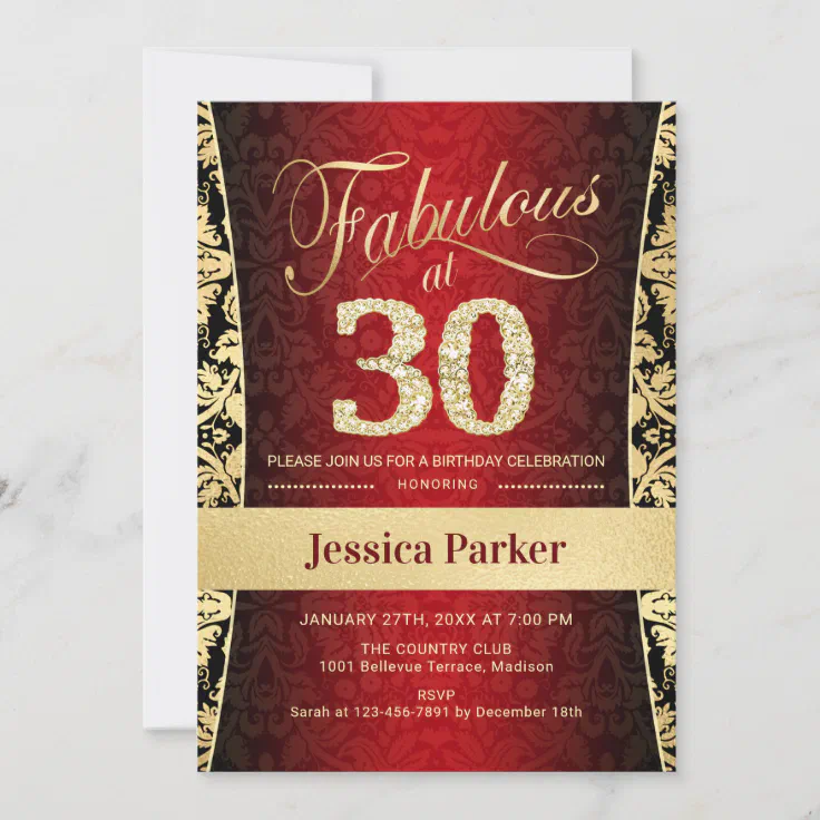 30th Birthday Party - Gold Red Black Invitation | Zazzle