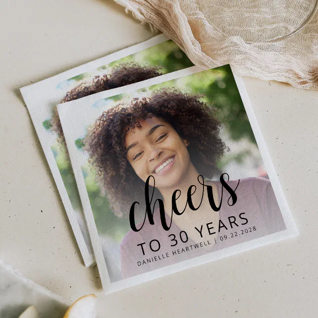 30th Birthday Party Photo Black Script Cheers Napkins | Zazzle