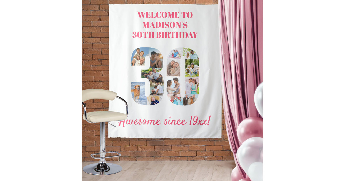 30th Birthday Party Photo Collage Backdrop Pink | Zazzle