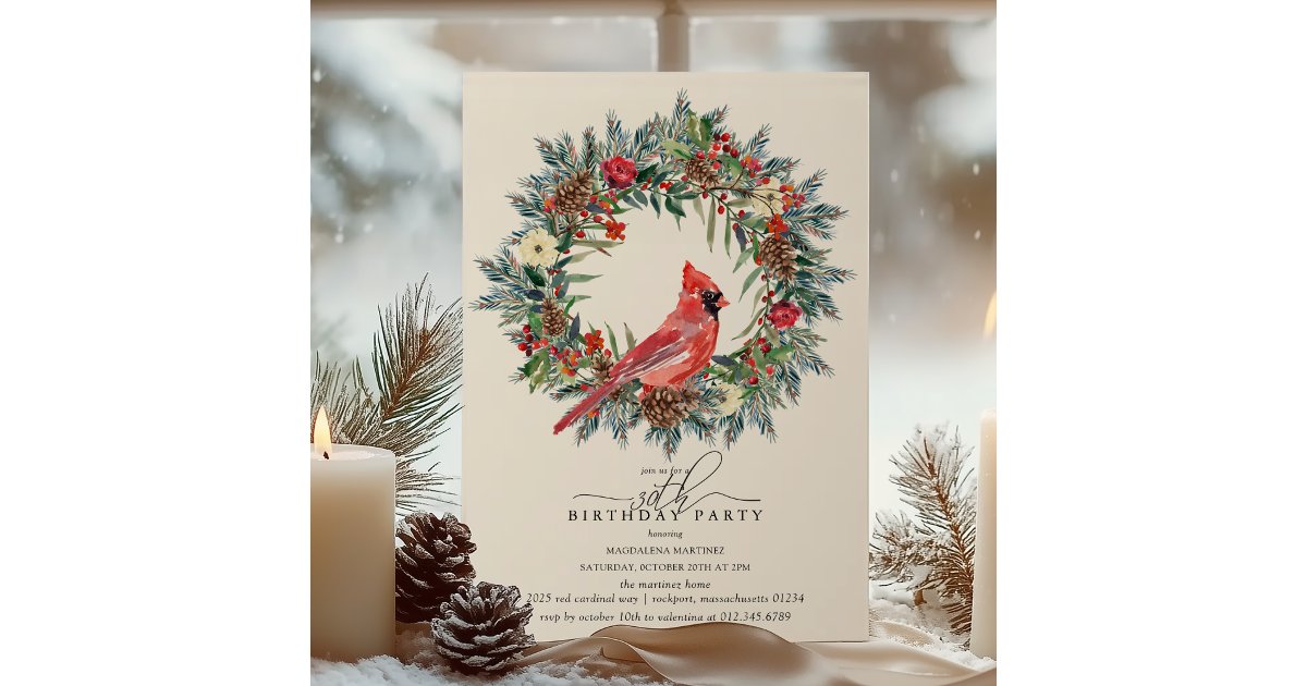 30th Birthday Party Red Cardinal Winter Wreath Invitation | Zazzle