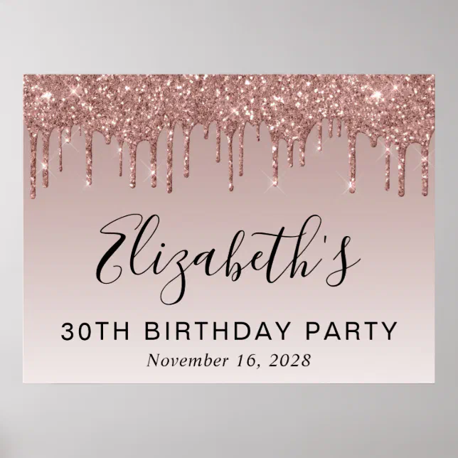 30th Birthday Party Rose Gold Glitter Poster | Zazzle