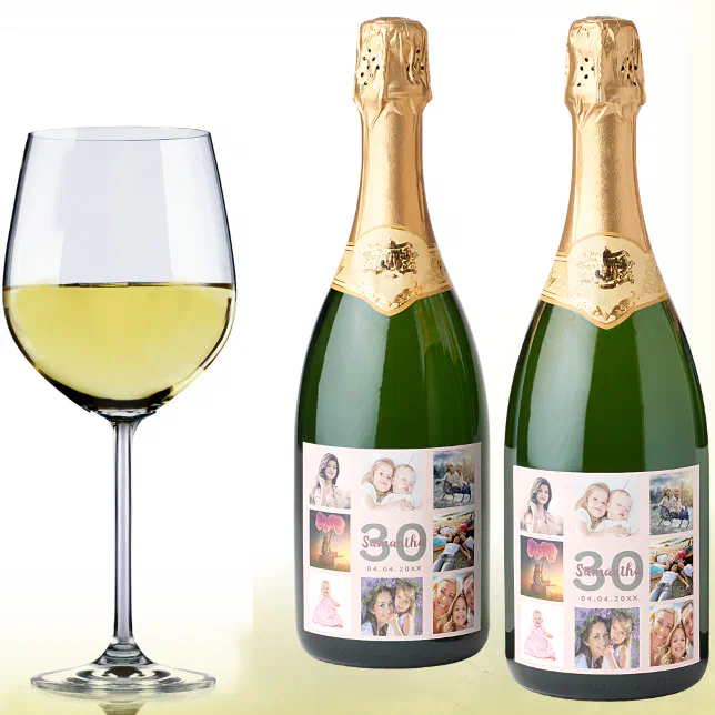 30th Birthday Party Rose Gold Pink Photo Collage Sparkling Wine Label