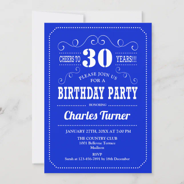 30th Birthday Party - Royal Blue White Invitation | Zazzle