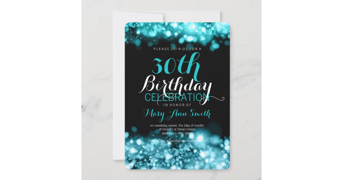 30th Birthday Party Turquoise Sparkling Lights Invitation | Zazzle