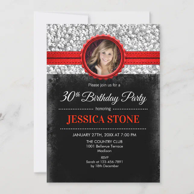 30th Birthday Photo Invitation - Silver Black Red | Zazzle
