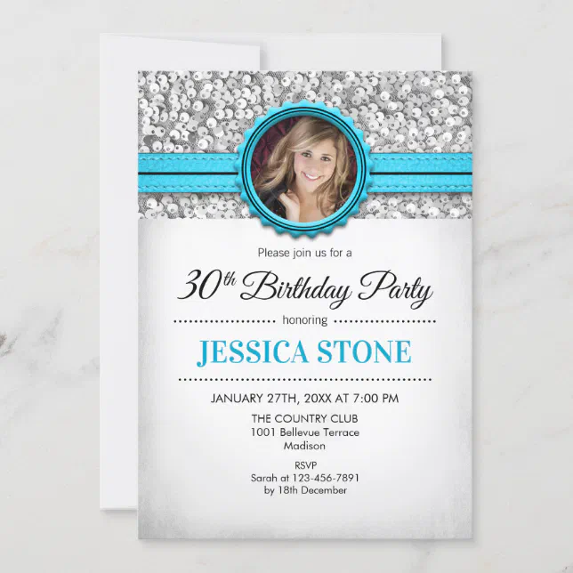 30th Birthday Photo - Silver White Aqua Blue Invitation | Zazzle