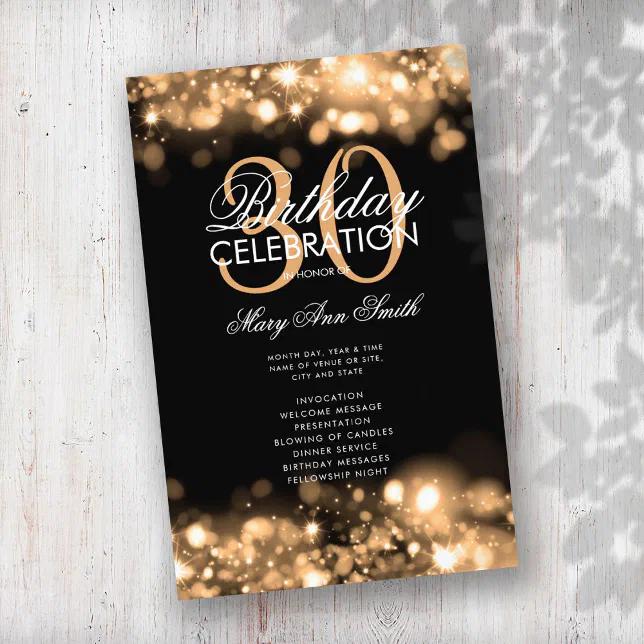 30th Birthday Program Glam Lights Gold Menu Flyer | Zazzle