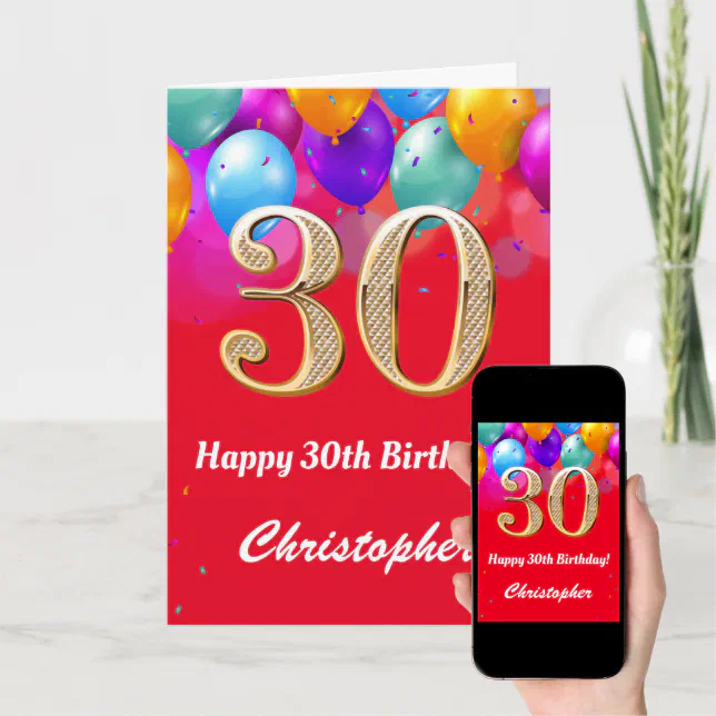 30th Birthday Red and Gold Colorful Balloons Card | Zazzle