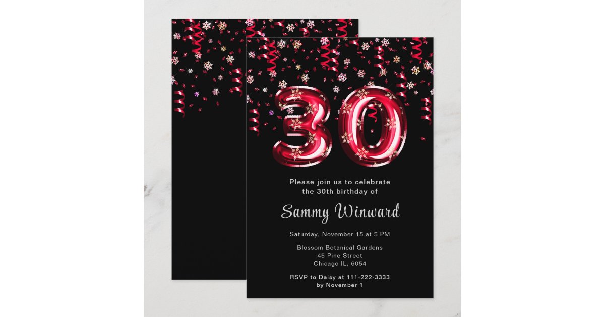 30th Birthday Red Balloons Snowflake Confetti Invitation | Zazzle