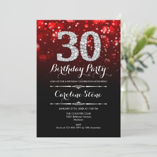 30th Birthday - Red Black Silver Invitation | Zazzle