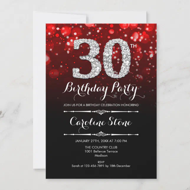30th Birthday - Red Black Silver Invitation | Zazzle