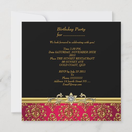30th Birthday Red Damask Gold Floral Black jewel Invitation | Zazzle