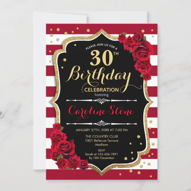 30th Birthday - Red Gold Black White Stripes Roses Invitation | Zazzle