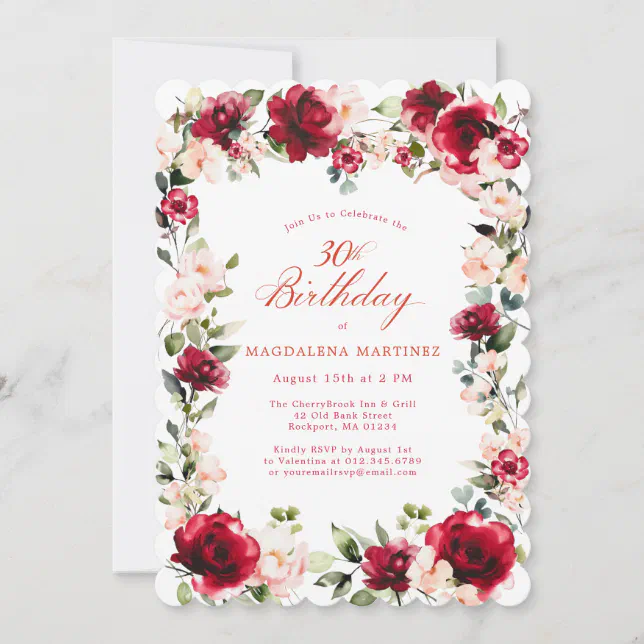 30th Birthday Red Rose Pink Peony Floral Invitation | Zazzle