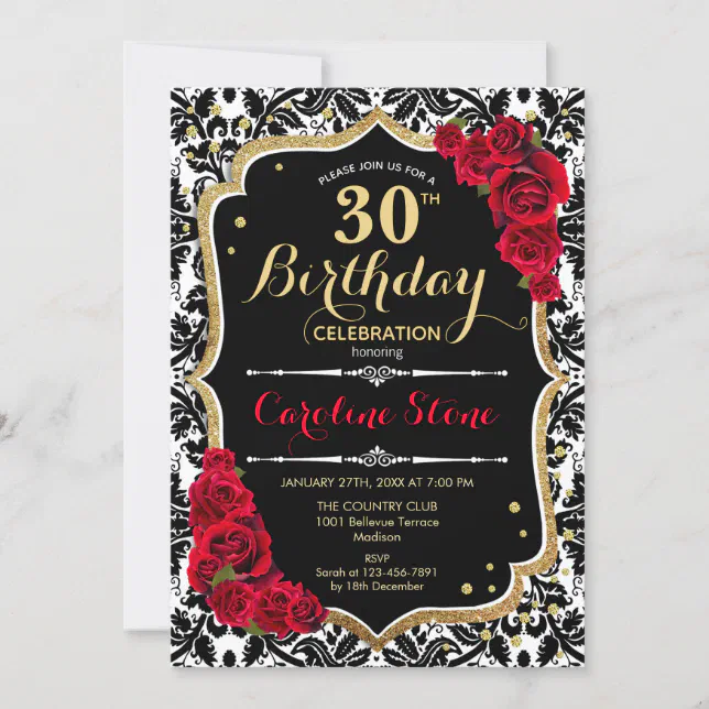 30th Birthday - Red Roses Gold Black Damask Invitation | Zazzle