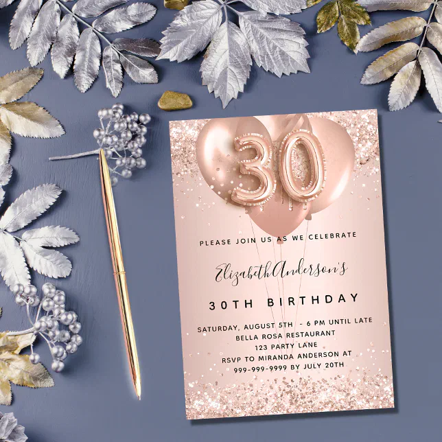 30th Birthday Rose Gold Blush Sparkle Balloons Invitation Zazzle