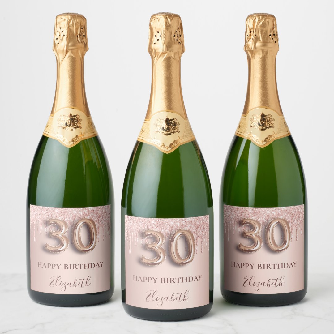 30th Birthday Rose Gold Glitter Pink Balloon Style Champagne Label Zazzle