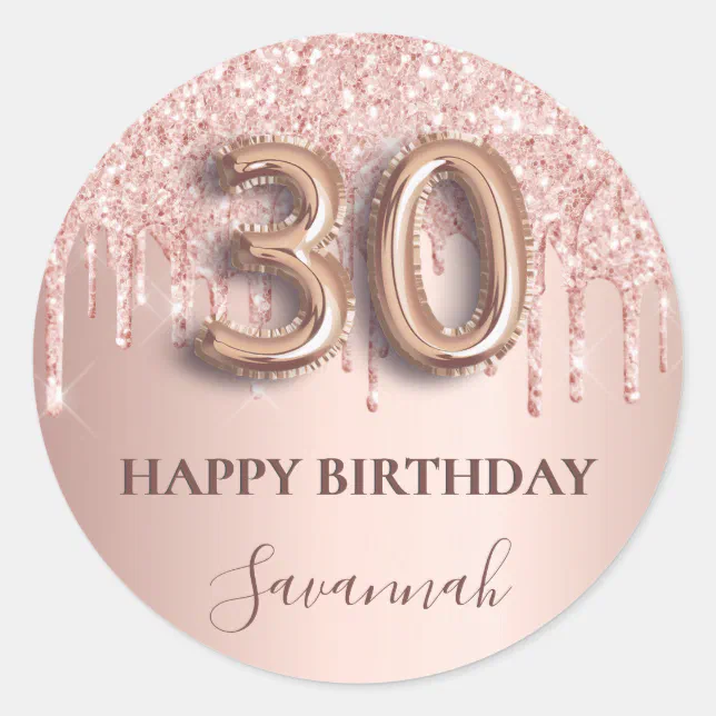 30th Birthday Rose Gold Glitter Pink Balloon Style Classic Round